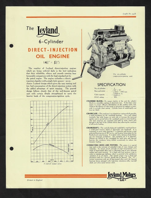 1937 LEYLAND 6-CYLINDER Direct-Injection Oil Engine Specifications ...