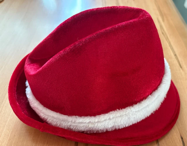 FEDORA STYLE RED Christmas Flocked Elf Party Hat W/ White Plush Trim ...