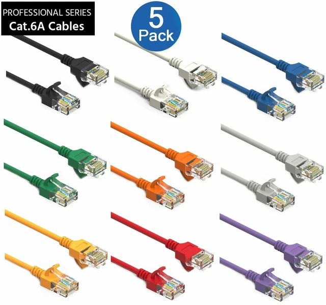 5 PACK CAT6A Slim RJ45 Network LAN Ethernet Copper Wire Color Patch LOT ...