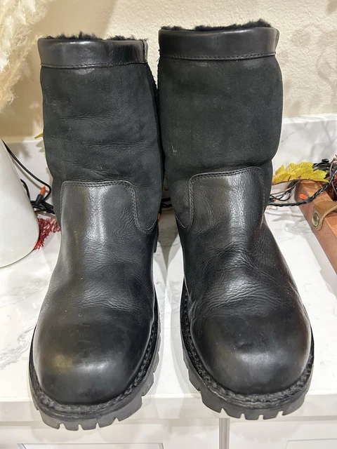 UGG AUSTRALIA BEACON Boots Men's 13 Black Leather Mid Calf Sheepskin ...