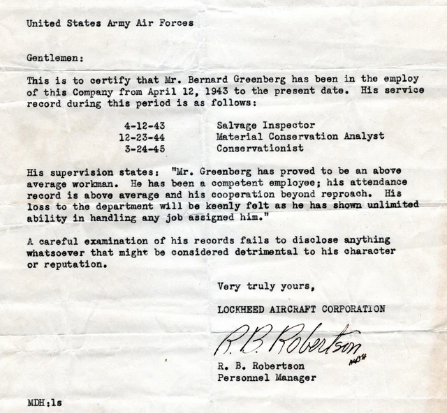 LOCKHEED AIRCRAFT 1945 Letter of Employee Recognition To U.S. Armed ...