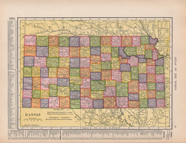 1909 MAP ~ Kansas Indian Reservation Boundaries Counties Cities-Towns £ ...