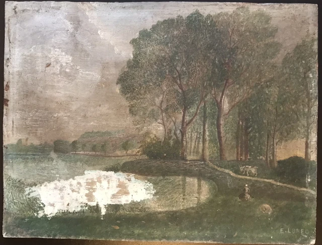 PEINTURE ANCIENNE ORIGINALE E Lurec Paysage Personnage Animaux XIX ème ...