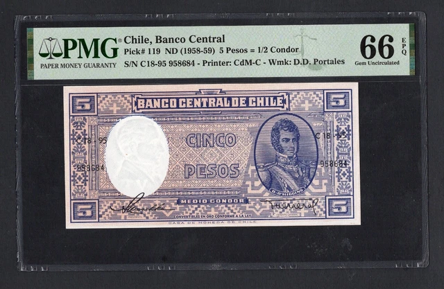 CHILE 5 PESOS ND(1958-59) P119 Uncirculated Graded 66 £28.25 - PicClick UK