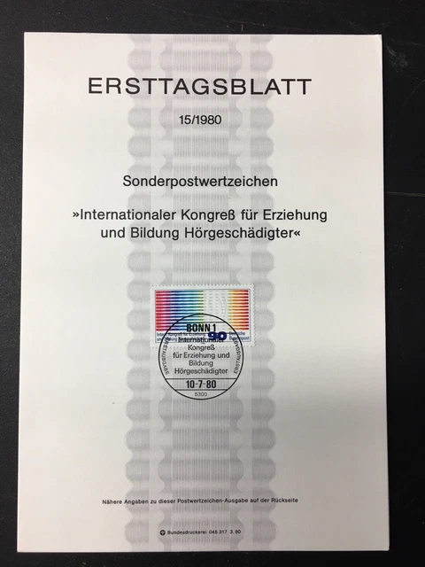 ETB 15/1980 FIRST Day Sheet Stamp Stamp International. Congress Hearing ...