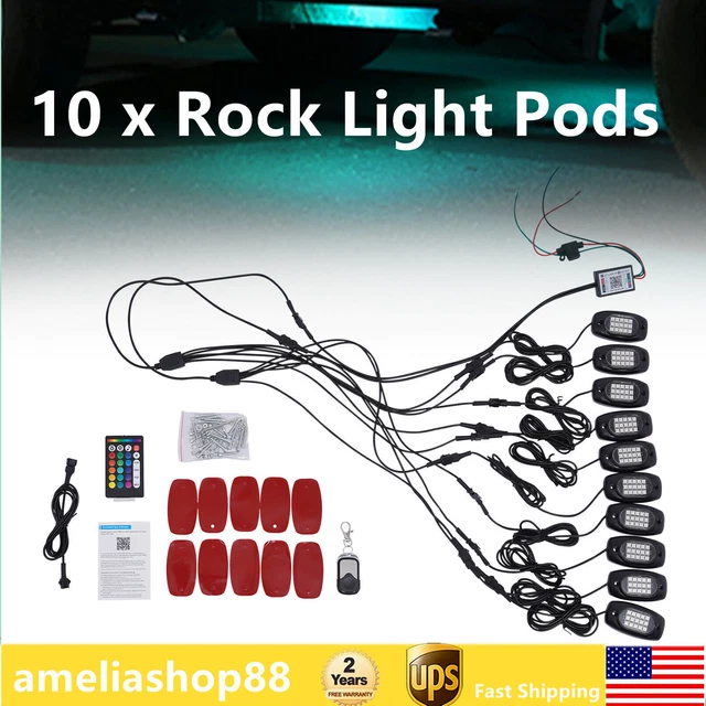 10 PODS RGB LED Rock Lights Kit Underbody Neon Music Light Wireless APP ...