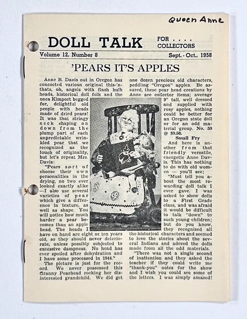 1958 SEP DOLL TALK FOR COLLECTORS zine ANTIQUES international costumes ...