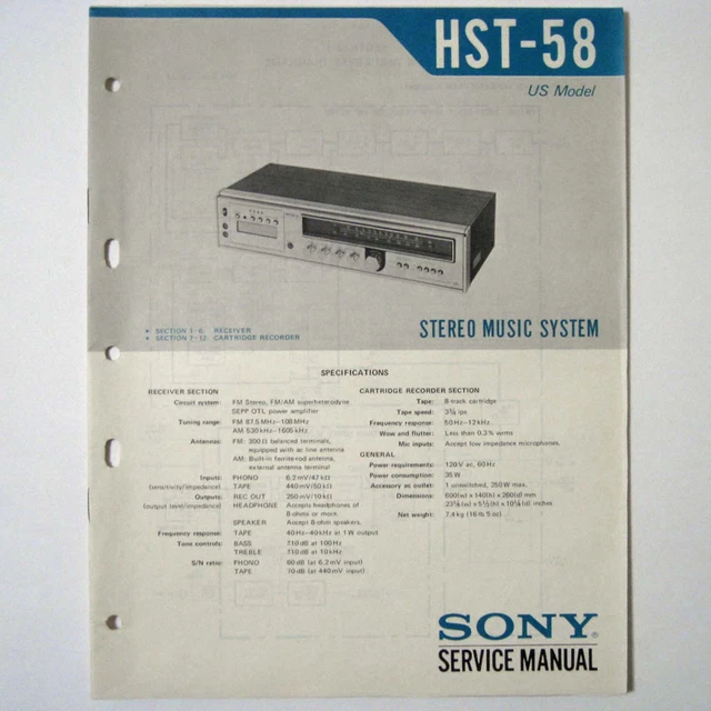 SONY ® MODEL HST-58 Stereo 8 Track Receiver Music System Service Manual ...