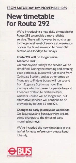 ROUTE 292 LONDON Transport Bus Timetable Lft Nov 1989 £3.00 - PicClick UK