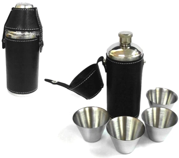 CAMPING FLASK WITH 4 SHOT GLASSES hip stainless steel hunting canteen ...