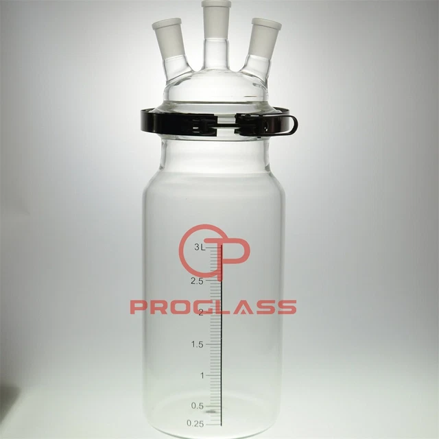 5000ML 24/ 40 3-NECK, GLASS Cylinder Reactor,5 Litre Flat Bottom ...