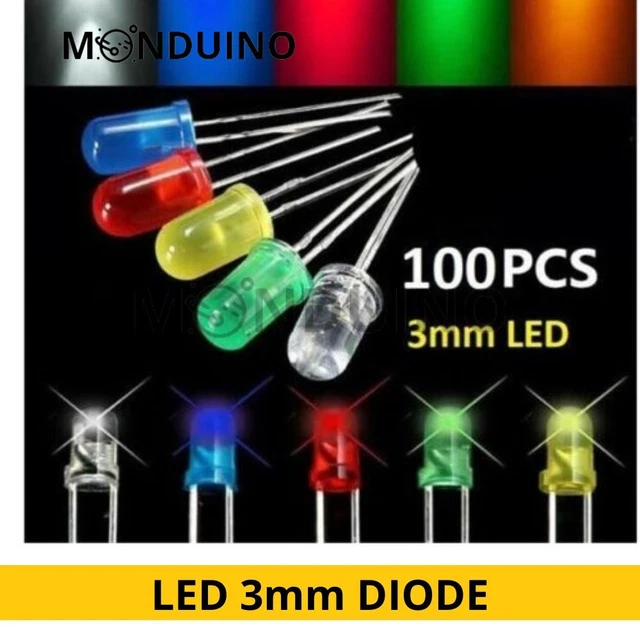 LOT DE 100 LED 3mm DIODE 5 couleurs (bleu, jaune, rouge, vert, Blanc ...