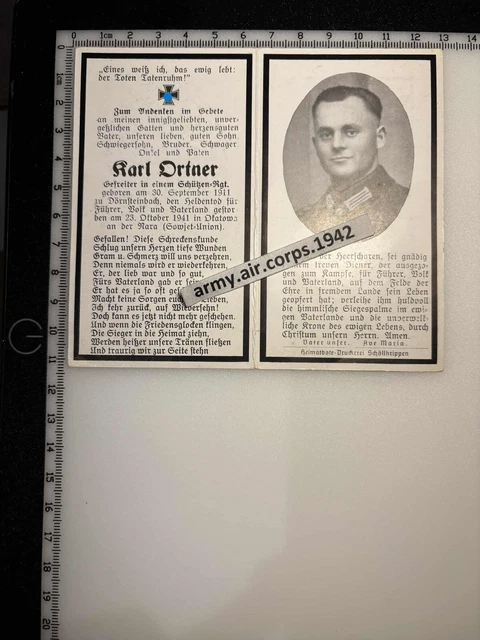 WW2 ORIGINAL GERMAN Heer Sterbebild Death Card KARL ORTNER Soviet Union ...