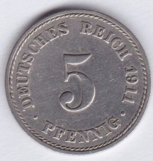 5 PFENNIG DEUTSCHES Reich 1911 A (Berlin) Kursmünze Reichsadler groß ...