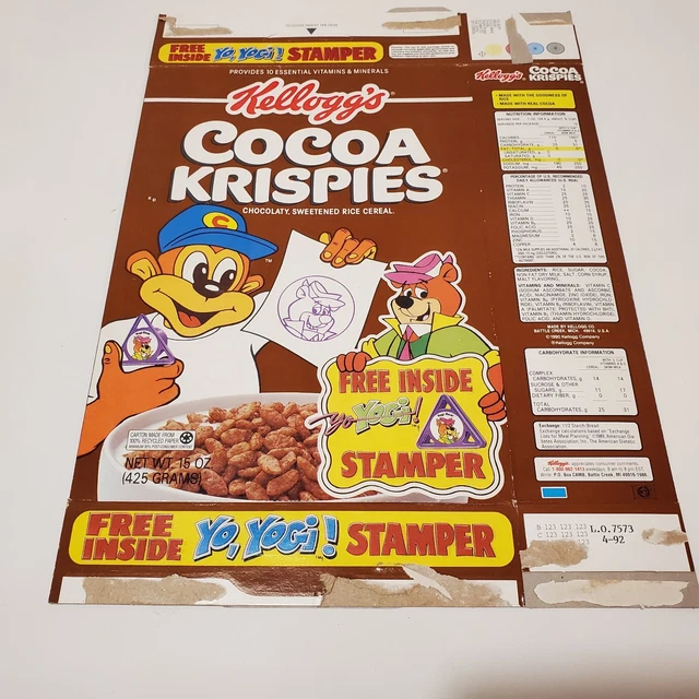 KELLOGG'S COCOA RICE Krispies Cereal Box Yo Yogi Bear 1992 1993 Stamper ...