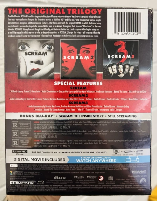 BRAND NEW SCREAM Original Trilogy Box Set (4K Blu Ray + Blu Ray) $100. ...