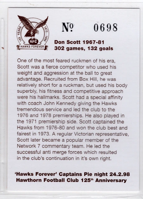 AFL CARD HAWTHORN Captains 1998 Don Scott EUR 5,16 - PicClick FR