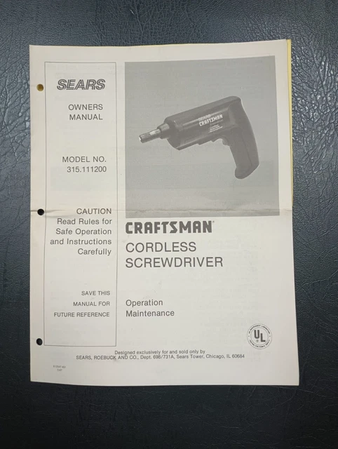 SEARS CRAFTSMAN OWNERS Manual Cordless Screwdriver Model 315.111200 £2. ...