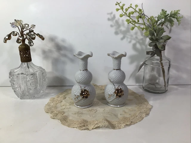 VINTAGE PAIR OF White Milk Diamond Cut Knobby Porcelain Mini Vases~Gold ...