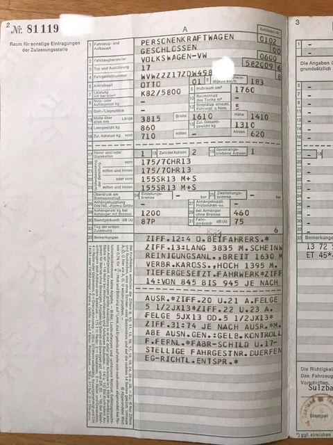 VW GOLF 1 Gti 1.8 3 türer Fahrzeugbrief FIN VIN Brief Typenschild lhasa ...