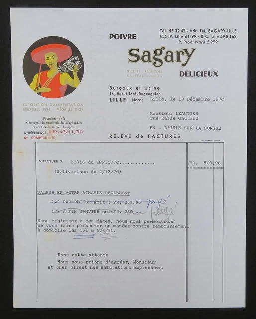 FACTURE 1970 LILLE Poivre SAGARY pepper illustrée billhead 102 EUR 12 ...