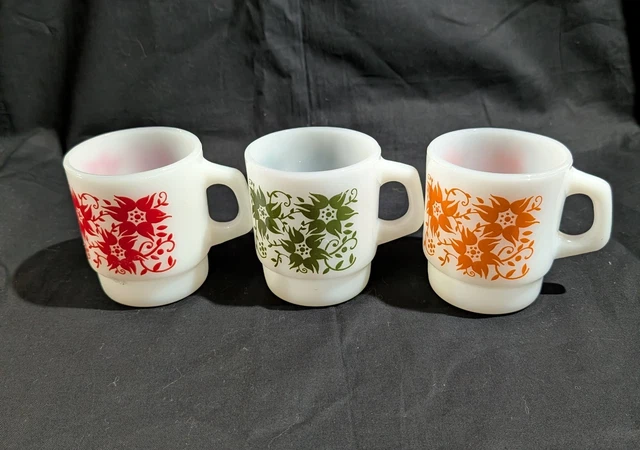 3 FIRE KING Anchor Hocking White Milk Glass Mugs Red Green Orange ...