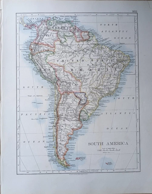 1897 MAPPA ANTICA South America Argentina Republic Falkland Perù ...