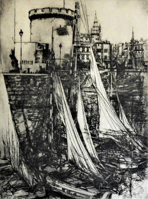 JOSEF ARENS (1901-1979) gr. TOP-Radierung ~1955: ' IM HAFEN VON LA ...