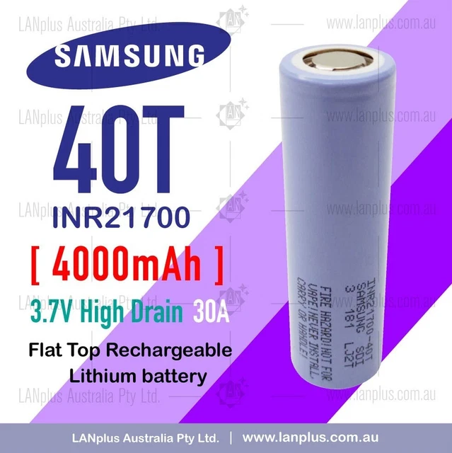 SAMSUNG 2170 40T 4000mAh 3.7V 30A Lithium Rechargeable Battery Flat Top ...