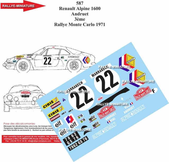 DECALS 1/43 REF 0587 Alpine Renault A110 Andruet Rallye Monte Carlo ...