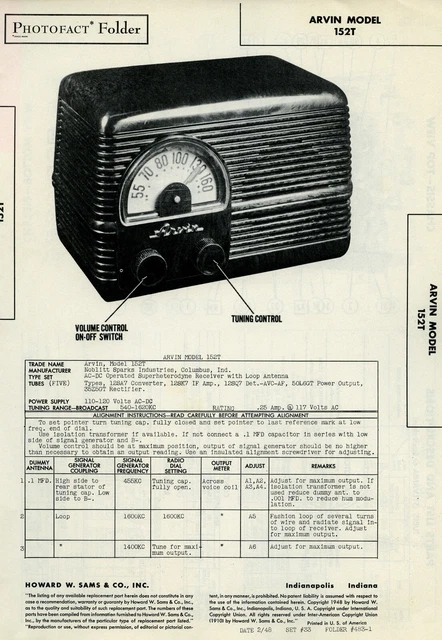 VTG SAM'S PHOTOFACT/SCHEMATIC Folder Arvin Model #152T SFF71 £7.84 ...