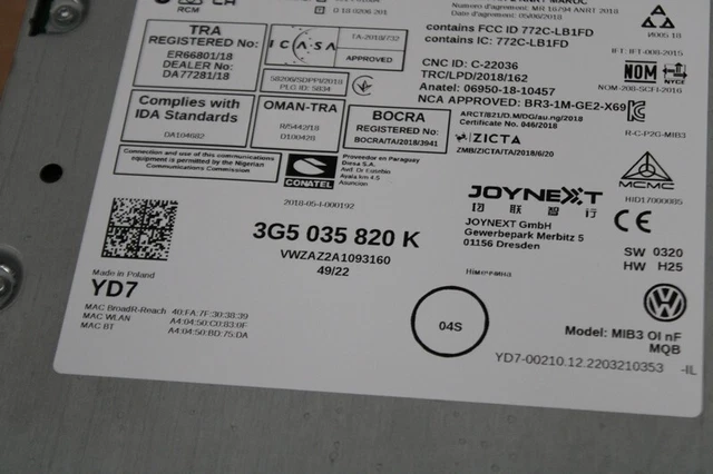 VW DISCOVER PRO MIB3 Mqb Unit Control Unit ECU Nav Satnav DAB 3G5035820 ...