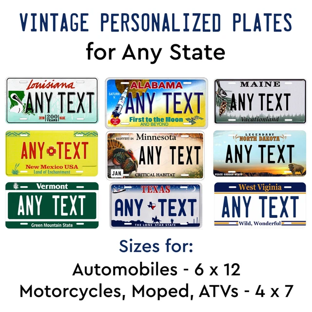CUSTOM LICENSE PLATE Vanity Tag for Any State Auto Car Motorcycle ATV ...