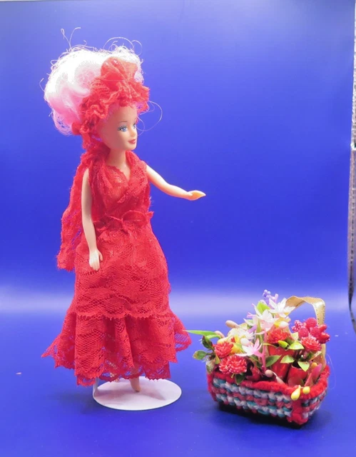 DOLLSHOUSE DRESS FOR 1:12th SCALE DOLL -HANDMADE. RED LACY FLOWER GIRL ...