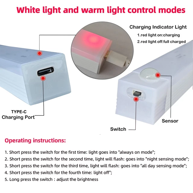 STRIP LIGHT LED PIR Motion Sensor Wireless USB Rechargeable Cabinet ...