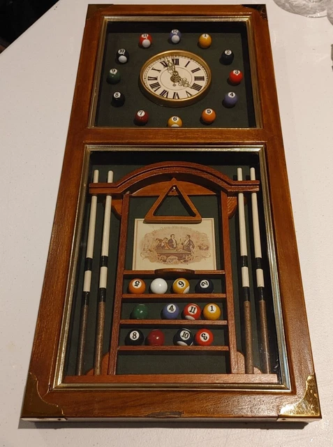VINTAGE RETRO BILLIARDS Pool Table Cue Rack Wall Clock Wood Frame Brass ...