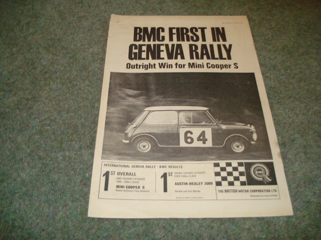 BMC MINI COOPER S Geneva Rally Advert Autocar 18 June 1963 £1.75 ...