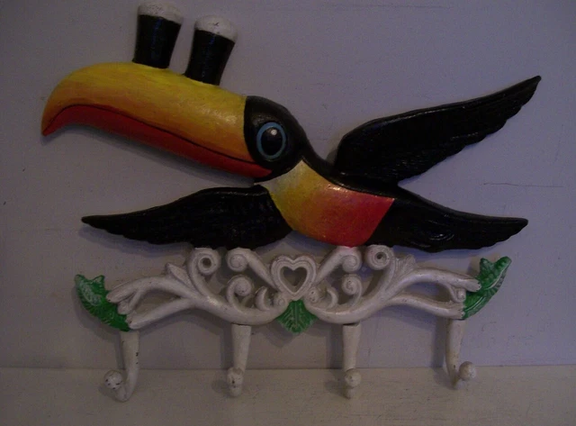 LARGE COAT RACK Hand Painted Cast Iron Hooks Flying Toucan Guinness ...