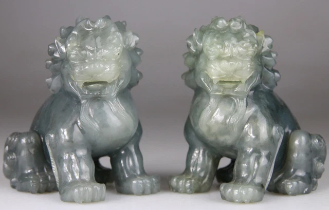 ANTIQUE RARE PAIR Chinese Serpentine Jade Foo Dogs Lions Carved - Qing ...