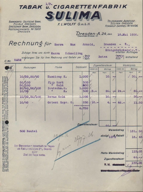 DRESDEN, RECHNUNG 1926, Tabak- und Zigaretten-Fabrik SULIMA GmbH EUR 14 ...
