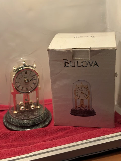 VINTAGE BULOVA QUARTZ Mantel Clock W/ Glass Dome & Solid Balls Gorgeous ...
