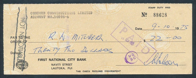 FIJI: USA 1970S First National City Bank SCARCE CHEQUE ON "LAUTOKA". $9 ...