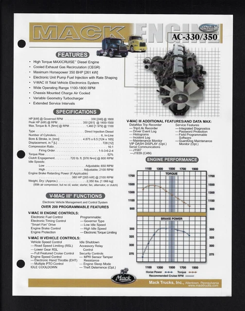 MACK TRUCKS AC-330/350 Engines Specifications Brochure 2002 $27.50 ...