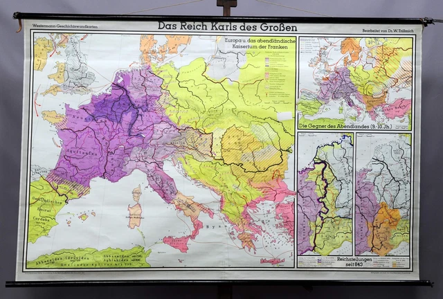 HISTORY MAP VINTAGE Mural Rollable Wall Chart Charlemagne Empire ...