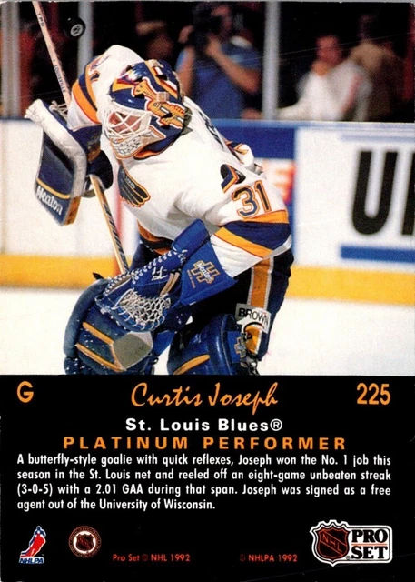 1991 PRO SET Platinum Curtis Joseph #225 St. Louis Blues Hockey Card ...