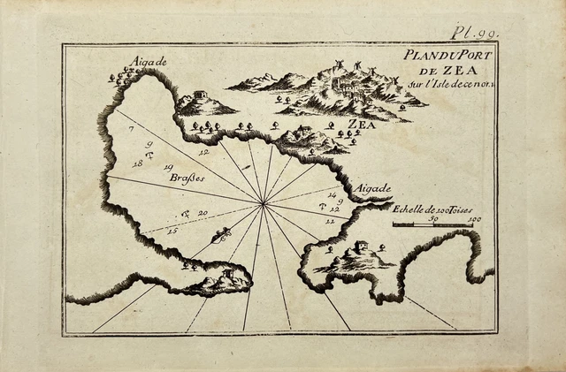ANTIQUE HARBOUR PLAN - Map of Port of Kea - Aegean Islands - Greece ...