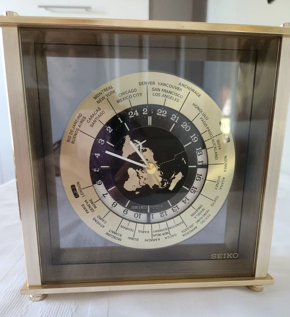 VTG SEIKO BRASS World Time Desk Mantle Clock QQZ885A Japan Airplane ...