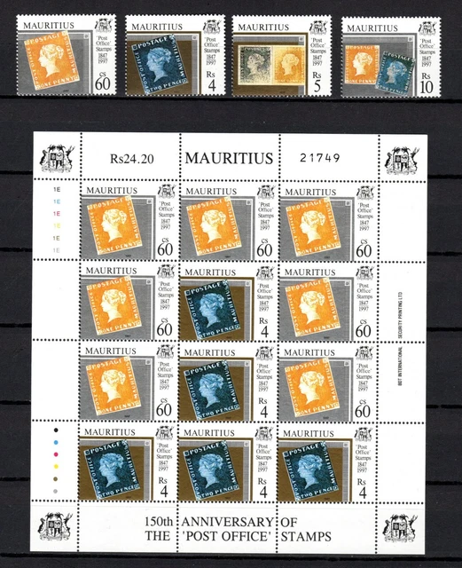 150 JAHRE POST Office Stamp Rote und Blaue Mauritius. Satz u.Block ...