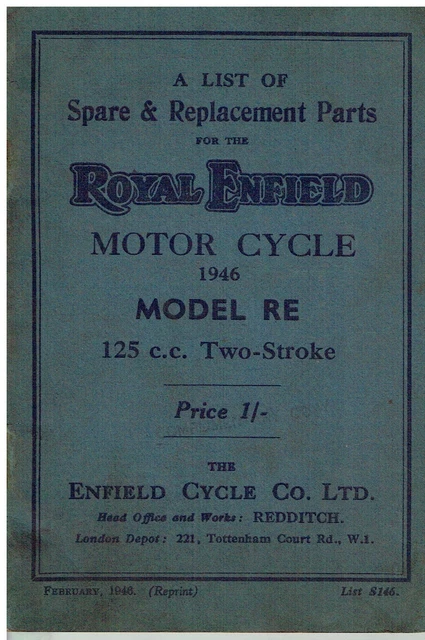 ROYAL ENFIELD MODEL RE 125cc TWO-STROKE ORIGINAL 1946 FACTORY PARTS ...