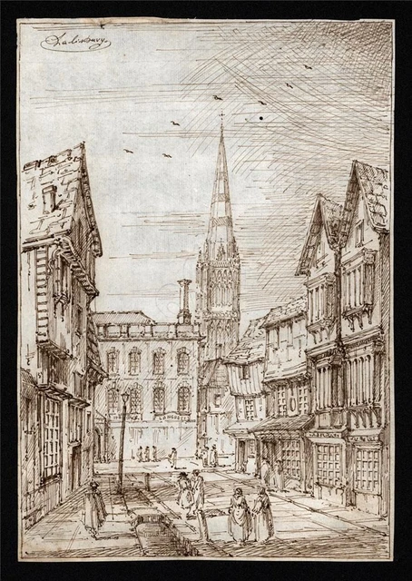 MINSTER STREET SALISBURY Antique Pen & Ink Drawing Late 18th Early 19th ...